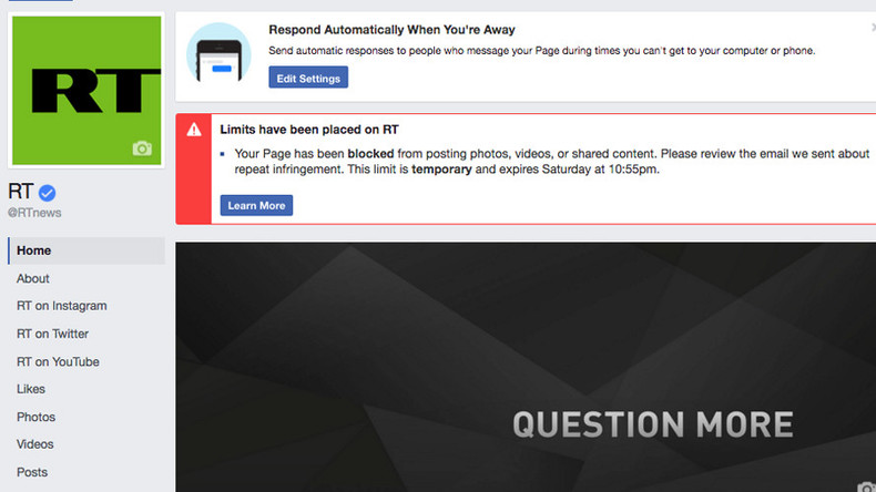 Facebook blocks RT from posting until after Trump inauguration — RT ...