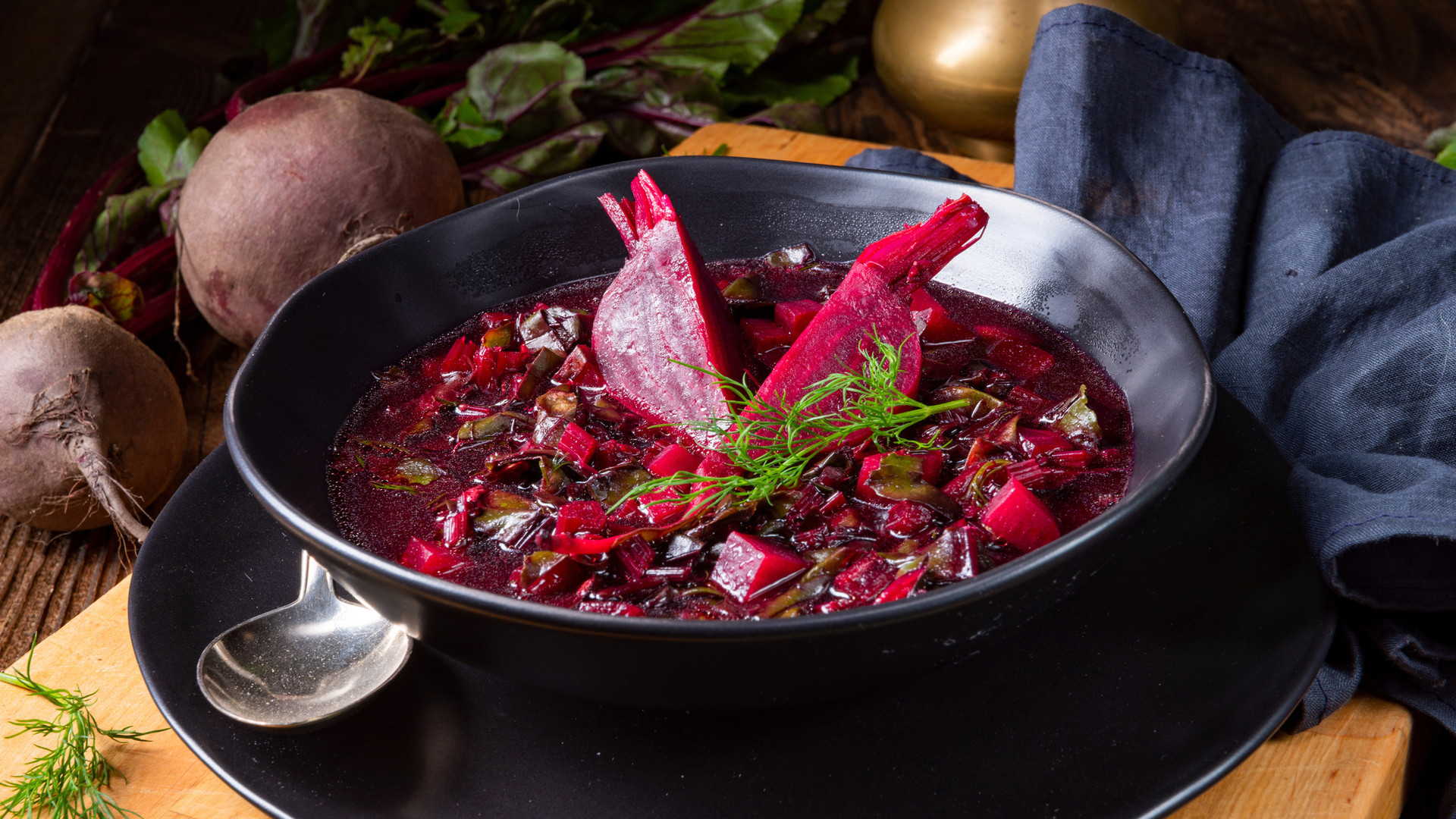 Soviet-style Lenten lunch: Salad, borsch, mushroom dumplings, with ...
